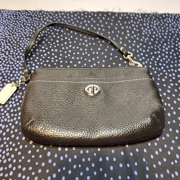 Coach | Bags | Coach Black Pebbled Leather Wristletmini Handbag With ...